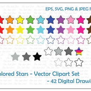 Rainbow Star Vector Clipart Set / Outline and Color Silhouette Graphics ...