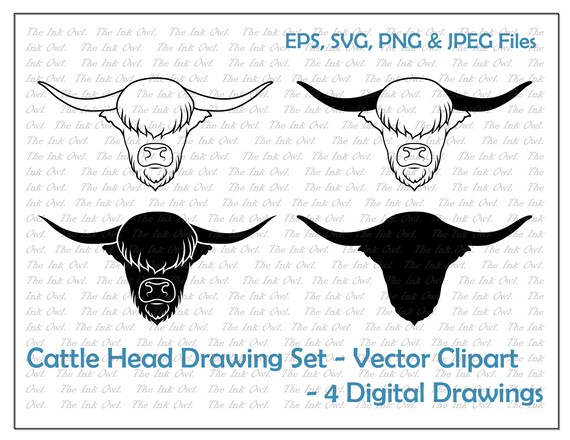 Highland Cattle Cow Head Vector Clipart Set / Outline & Stamp - Etsy