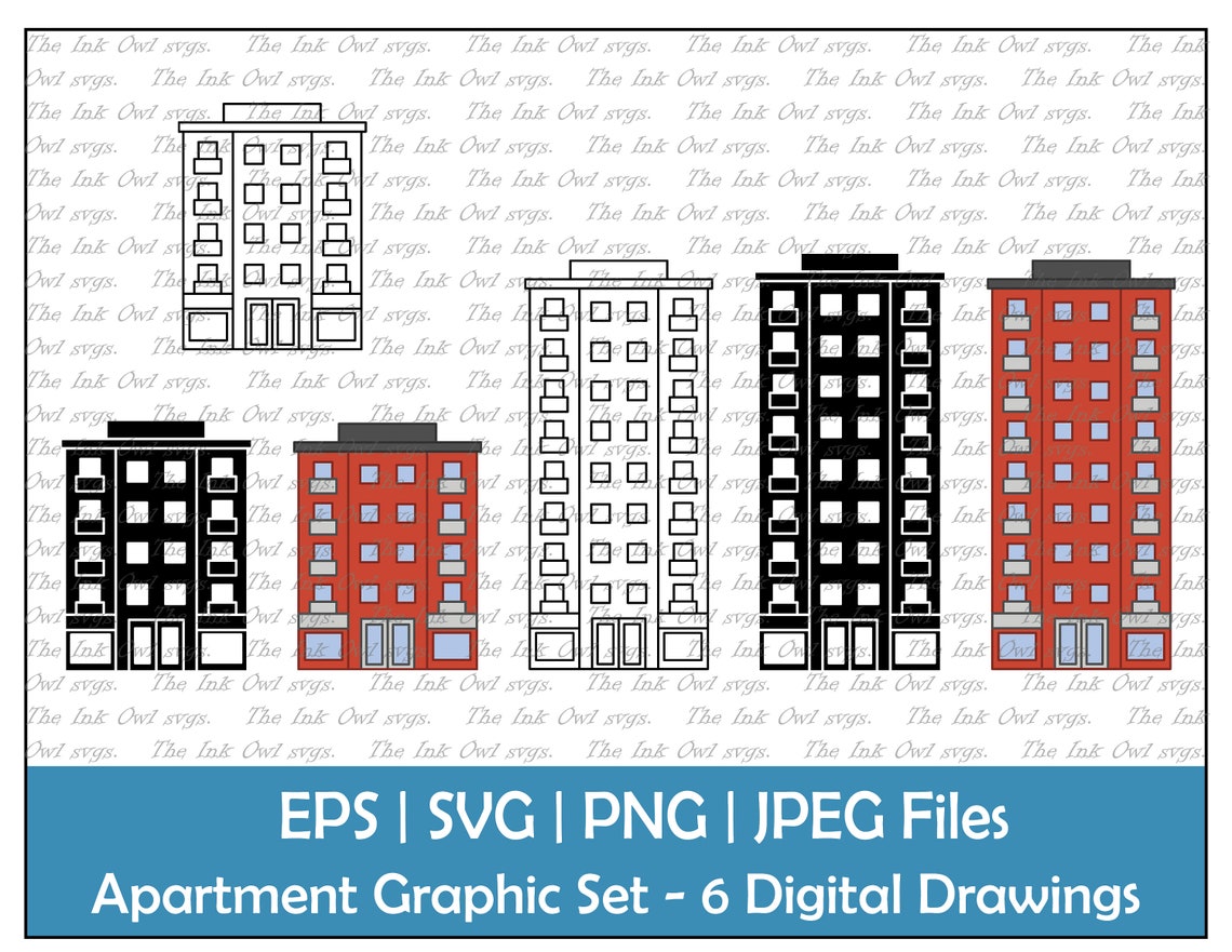 High Rise Apartment Building Vector Clipart Set / Outline & Stamp ...