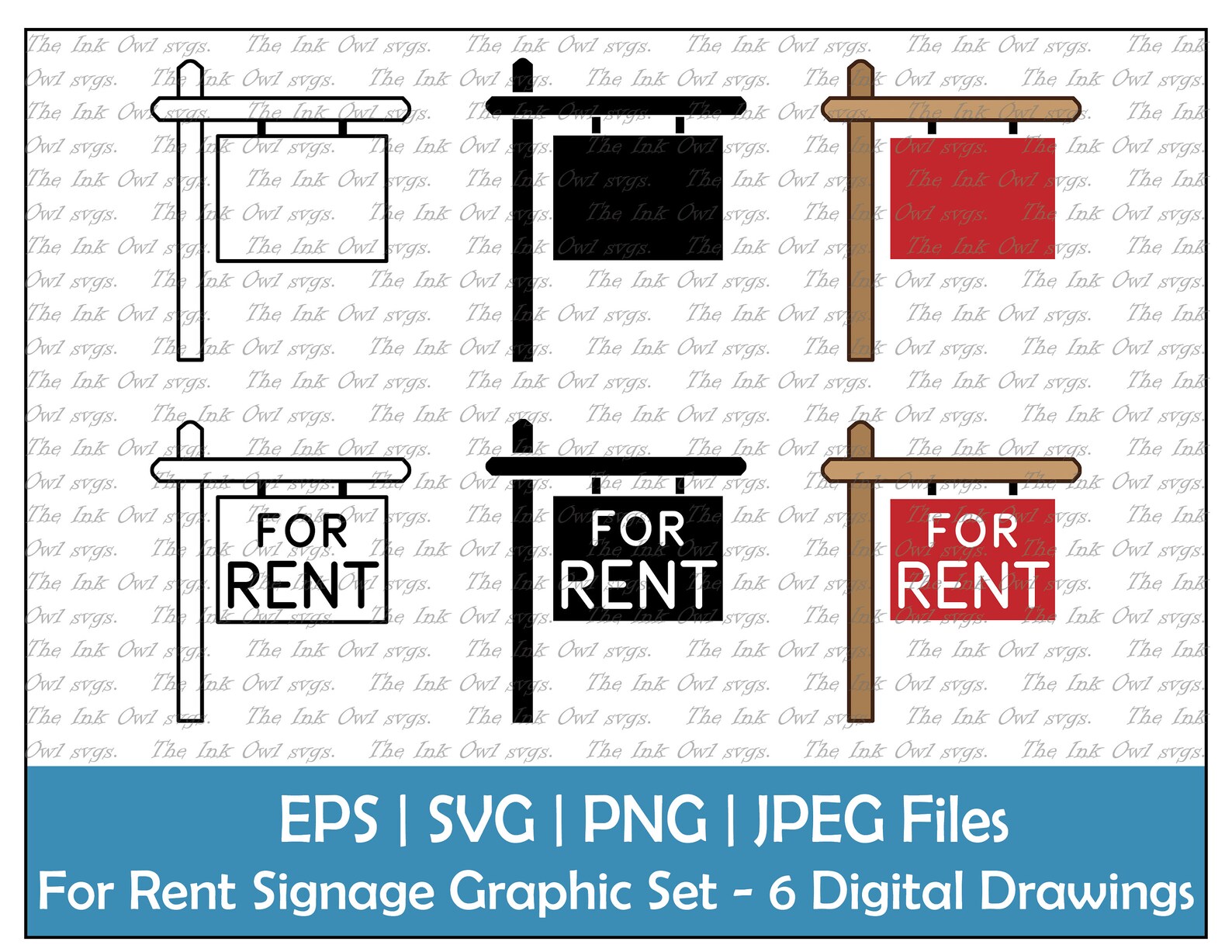 For Rent Sign with Post Clipart Set / Outline & Stamp Drawing | Etsy
