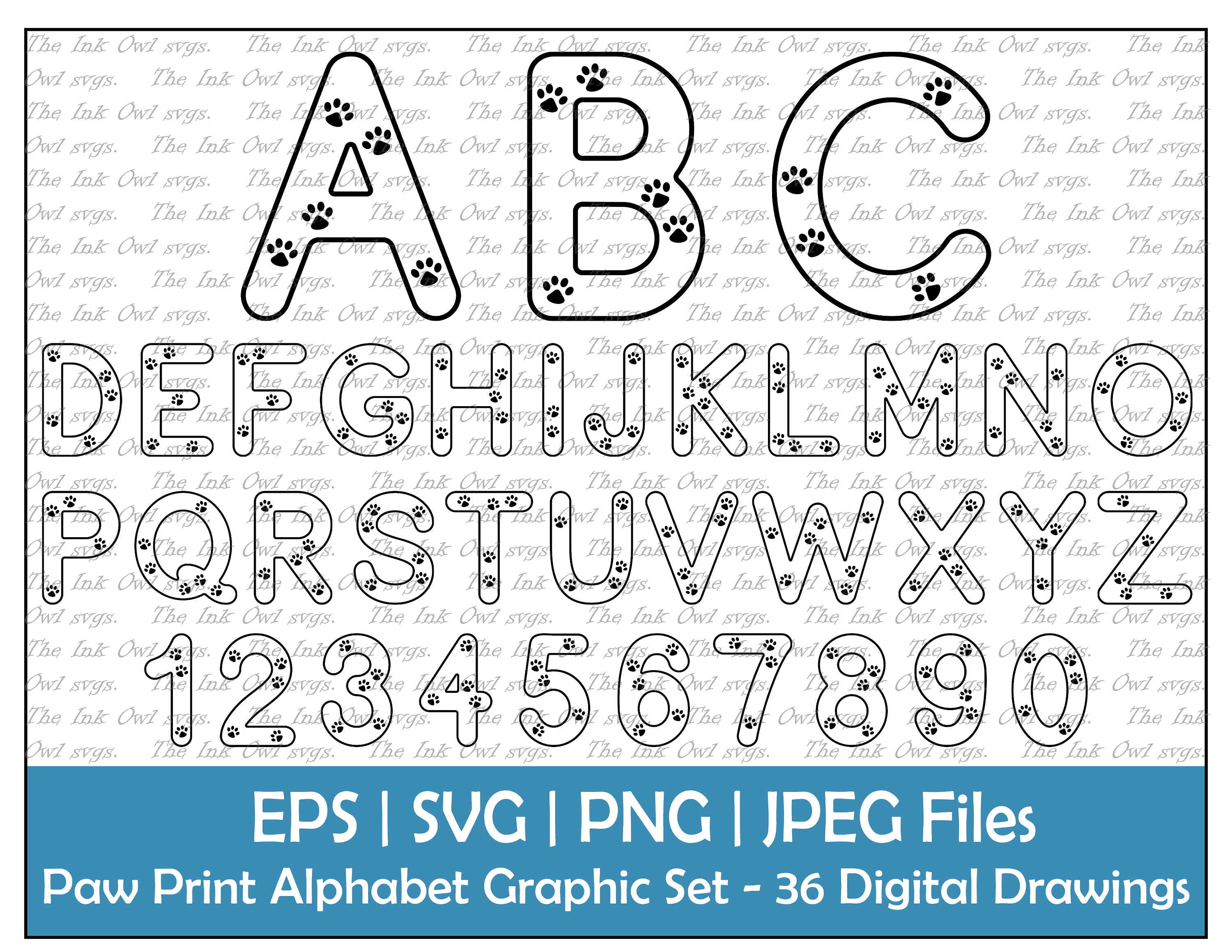Paw Print Patterned Alphabet Letters & Numbers Vector Clipart / Outline ...