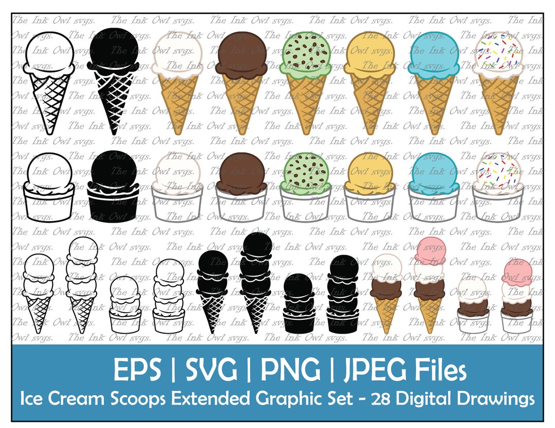 Ice Cream Scoops in Cone and Cup Combo Clipart Set / Outline ...