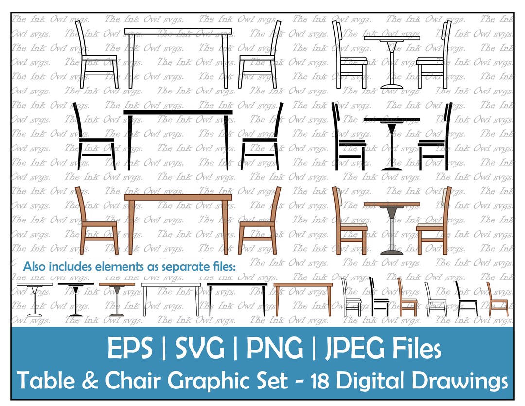 Table and Chairs Vector Clipart Set / Outline, Stamp & Color Drawing ...