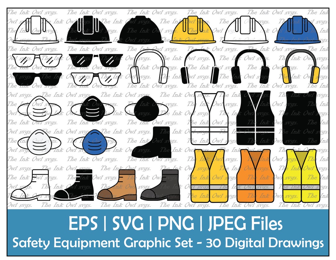 Work Safety Equipment Vector Clipart Set / Outline, Silhouette Stamp ...