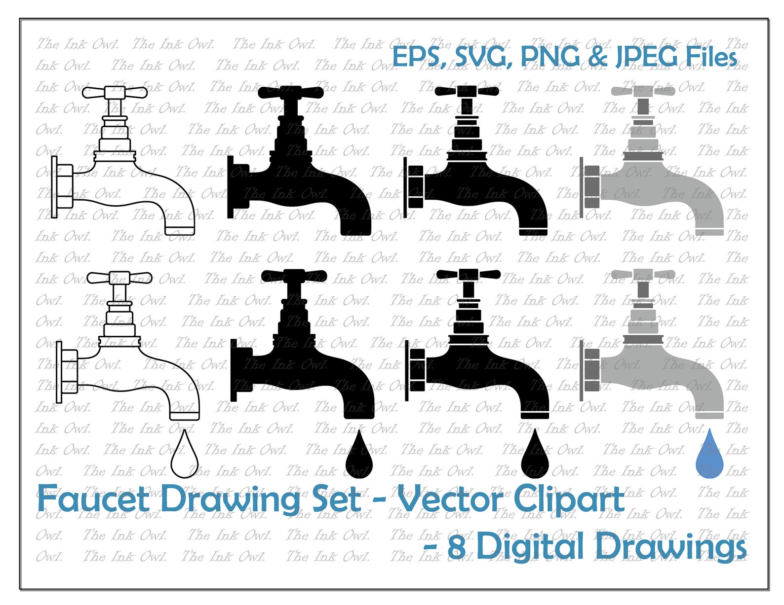 Water Faucet Vector Clipart Set / Outline & Stamp Drawing | Etsy