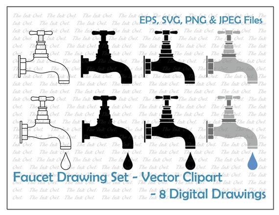Water Faucet Vector Clipart Set / Outline & Stamp Drawing | Etsy