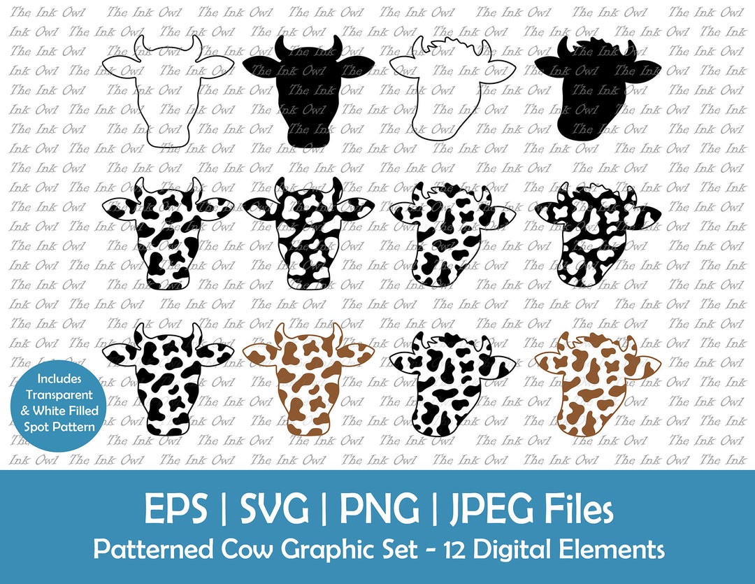 Cow Print Head Clipart Set / Outline, Silhouette & Color Graphic / Cow ...