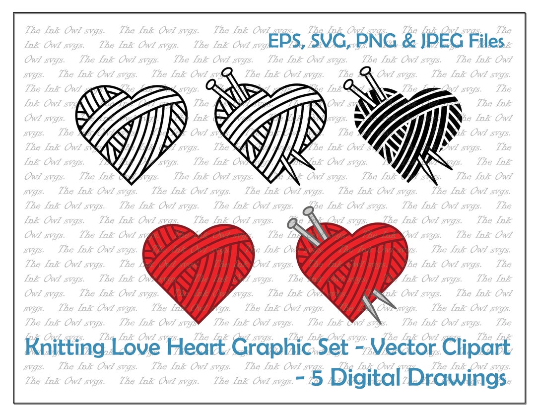 Knitting Needles and Yarn Heart Vector Clipart Set / Outline & Stamp ...