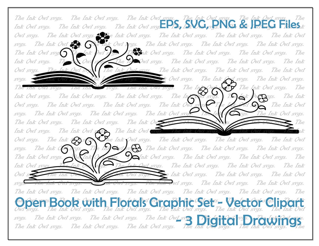 Open Book With Flowers Vector Clipart Set / Outline & Colored Drawing ...