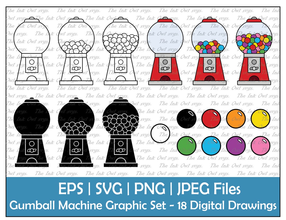 Gumball Vending Machine Clipart Set / Outline, Silhouette Stamp & Color ...