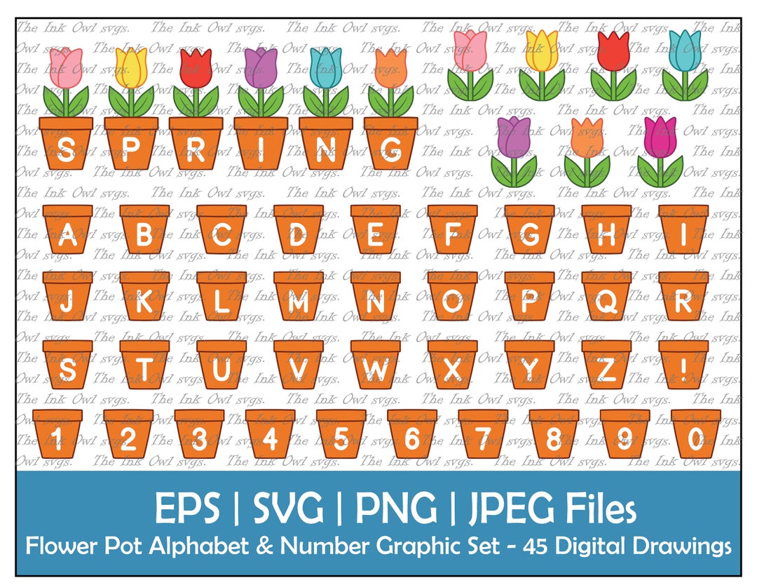 Colorful Tulip Flower Pot Alphabet Letters & Numbers Vector Clipart ...