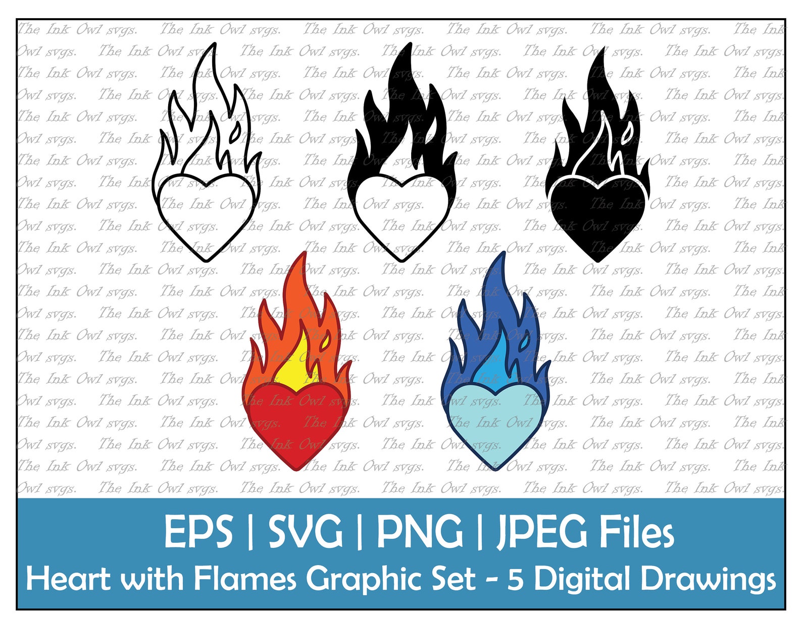 Heart With Fire or Flames Vector Clipart Set / Outline, Stamp and Color ...