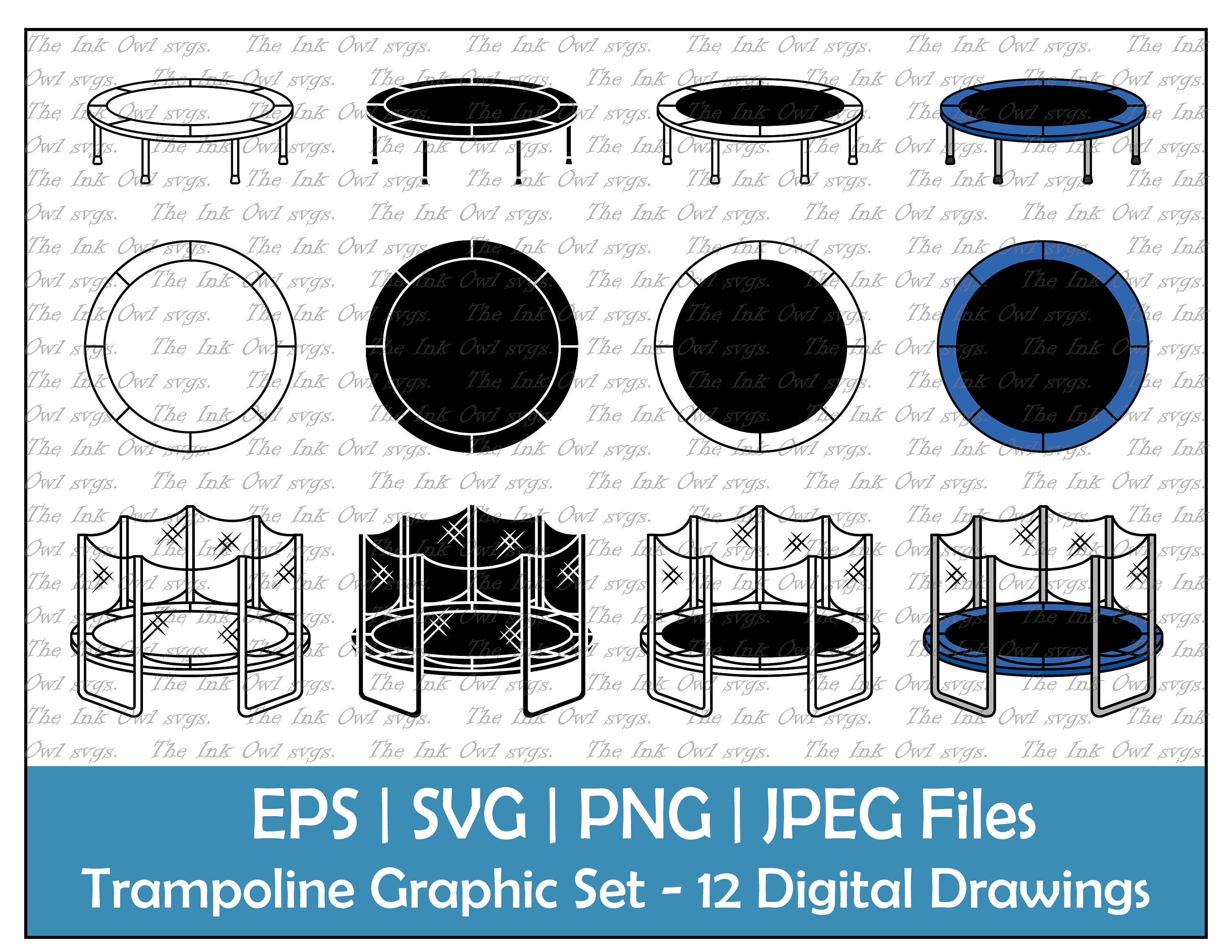 Trampoline Vector Clipart Set / Outline, Stamp and Color Graphic ...