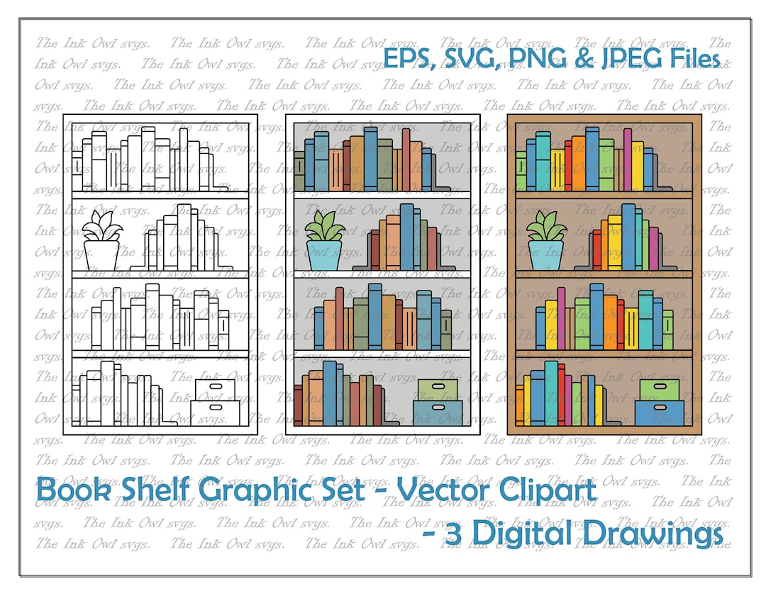 Book Shelf Vector Clipart Set / Outline & Colored Drawing Illustrations ...