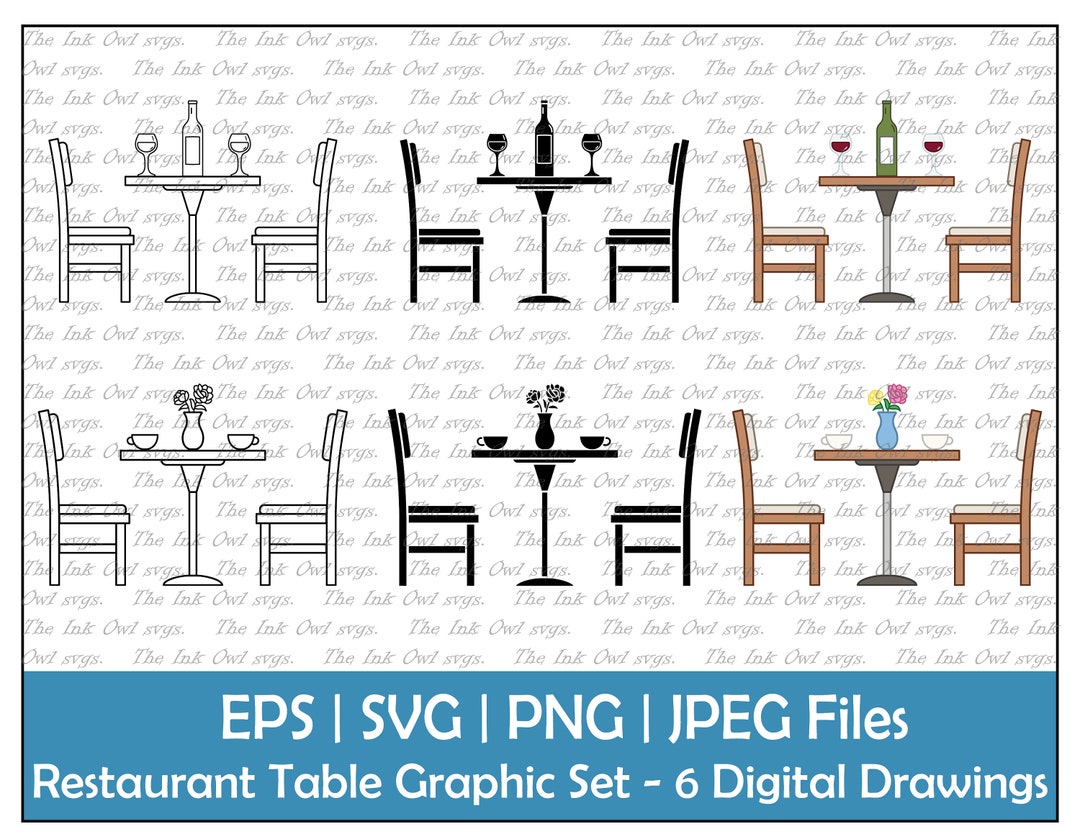 Restaurant or Cafe Table Vector Clipart Set / Outline, Stamp & Color ...
