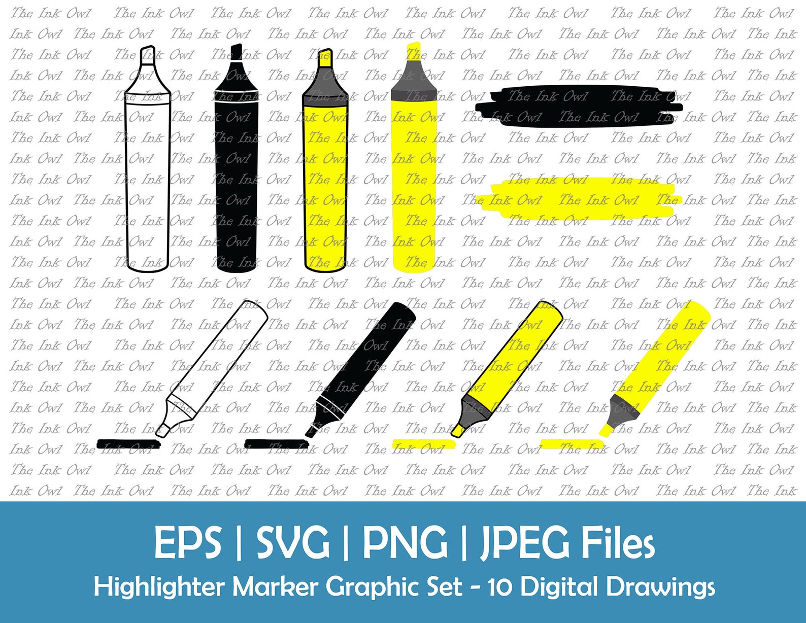 Highlighter Marker Pen Clipart Set / Outline, Silhouette & Color ...