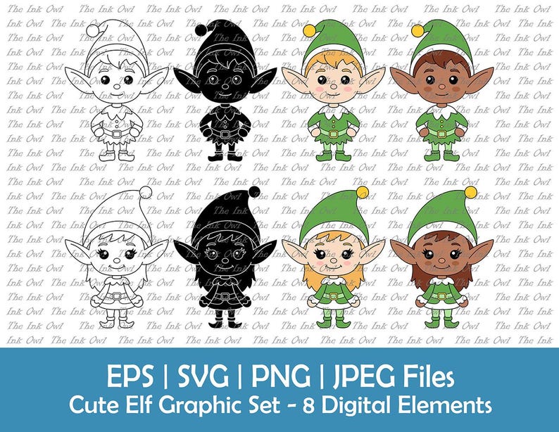 Cute Elf Vector Clipart Set / Outline, Silhouette & Color Graphics ...
