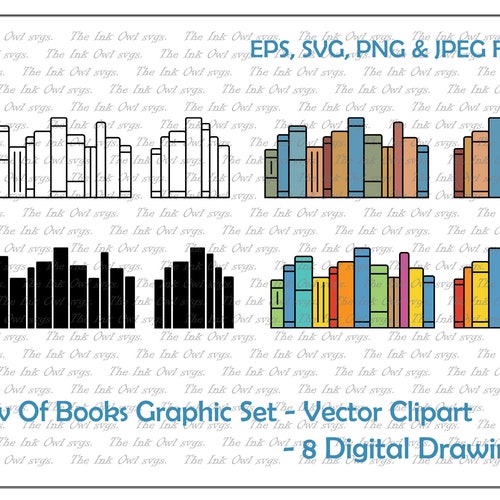 Row of Books Vector Clipart Set / Outline & Colored Drawing - Etsy