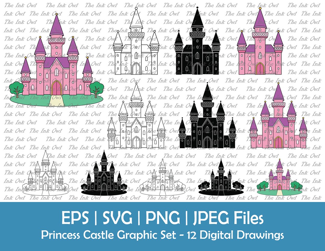 Princess Castle Vector Clipart Set / Outline, Silhouette Stamp & Color ...