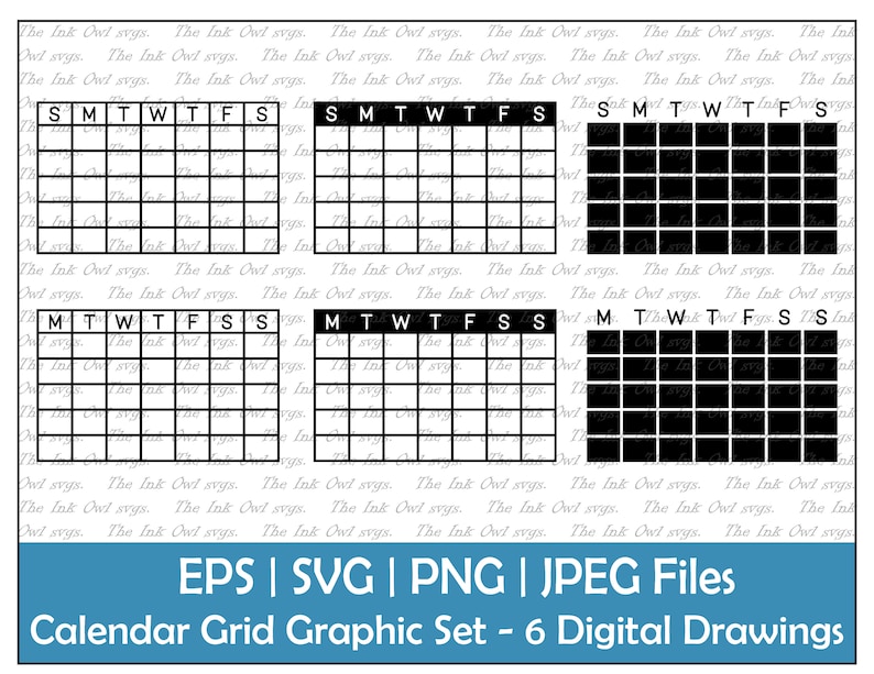 Calendar Grid Planner Vector Clipart / Outline & Stamp Drawing Graphic ...