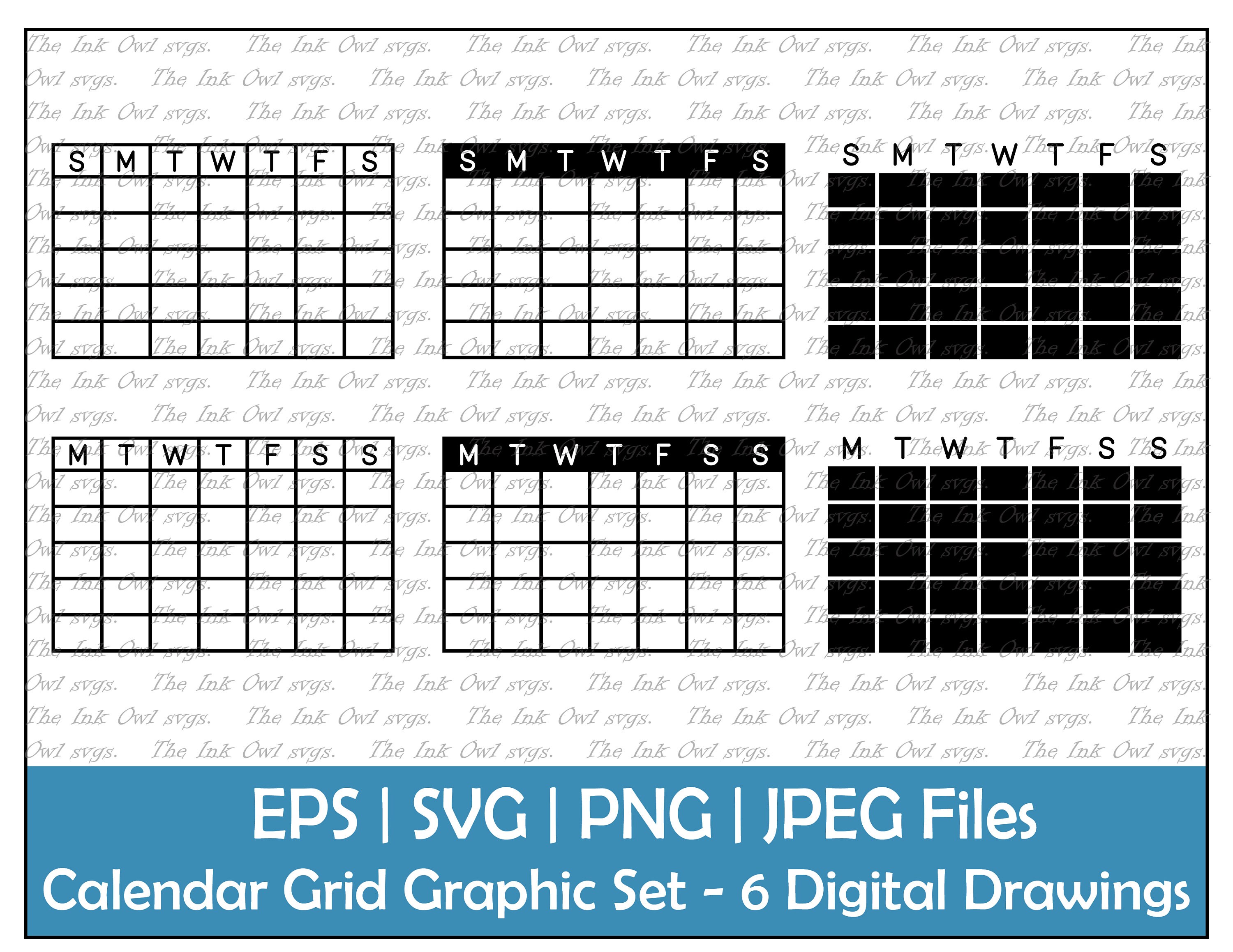 Calendar Grid Planner Vector Clipart / Outline & Stamp Drawing Graphic ...