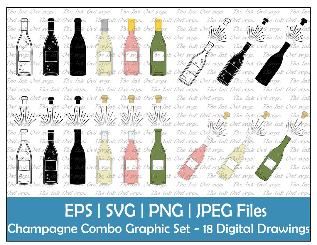 Champagne Bottle Pop Combo Clipart / Outline, Stamp & Color Drawing ...