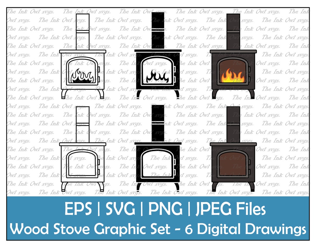 Wood Burning Stove Vector Clipart Set / Outline & Stamp Drawing Graphic ...
