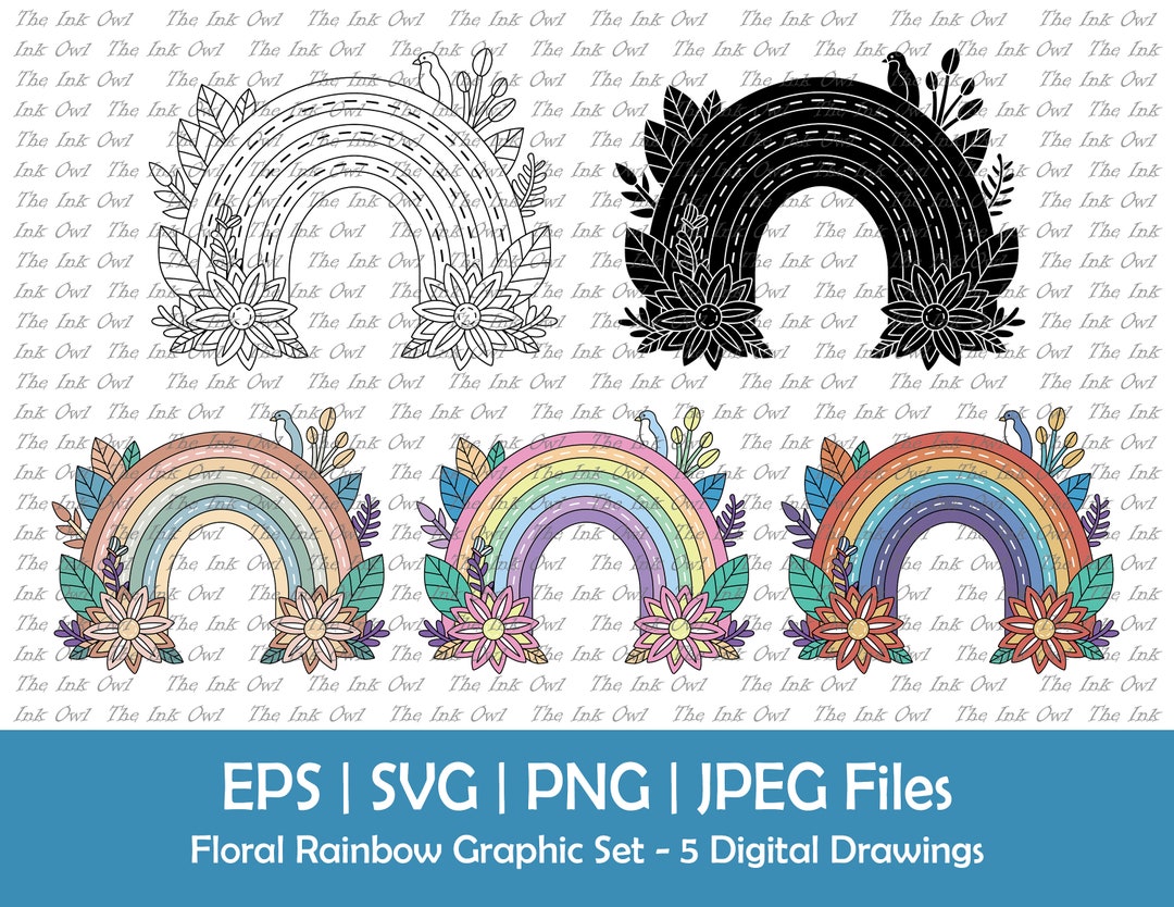 Decorative Floral Rainbow Vector Clipart Set / Outline, Silhouette ...