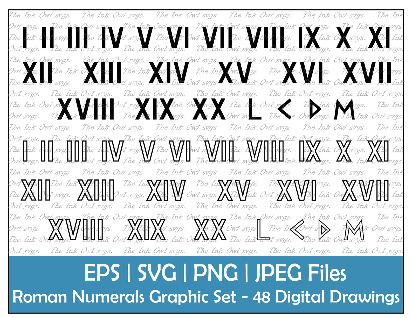 Roman Numerals or Numbers 1 to 20 Vector Clipart / Outline & Stamp Text ...