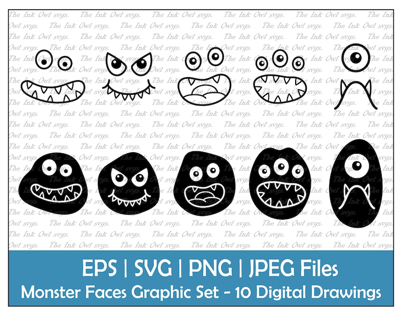 Monster Faces Vector Clipart Set / Outline & Stamp Drawing - Etsy