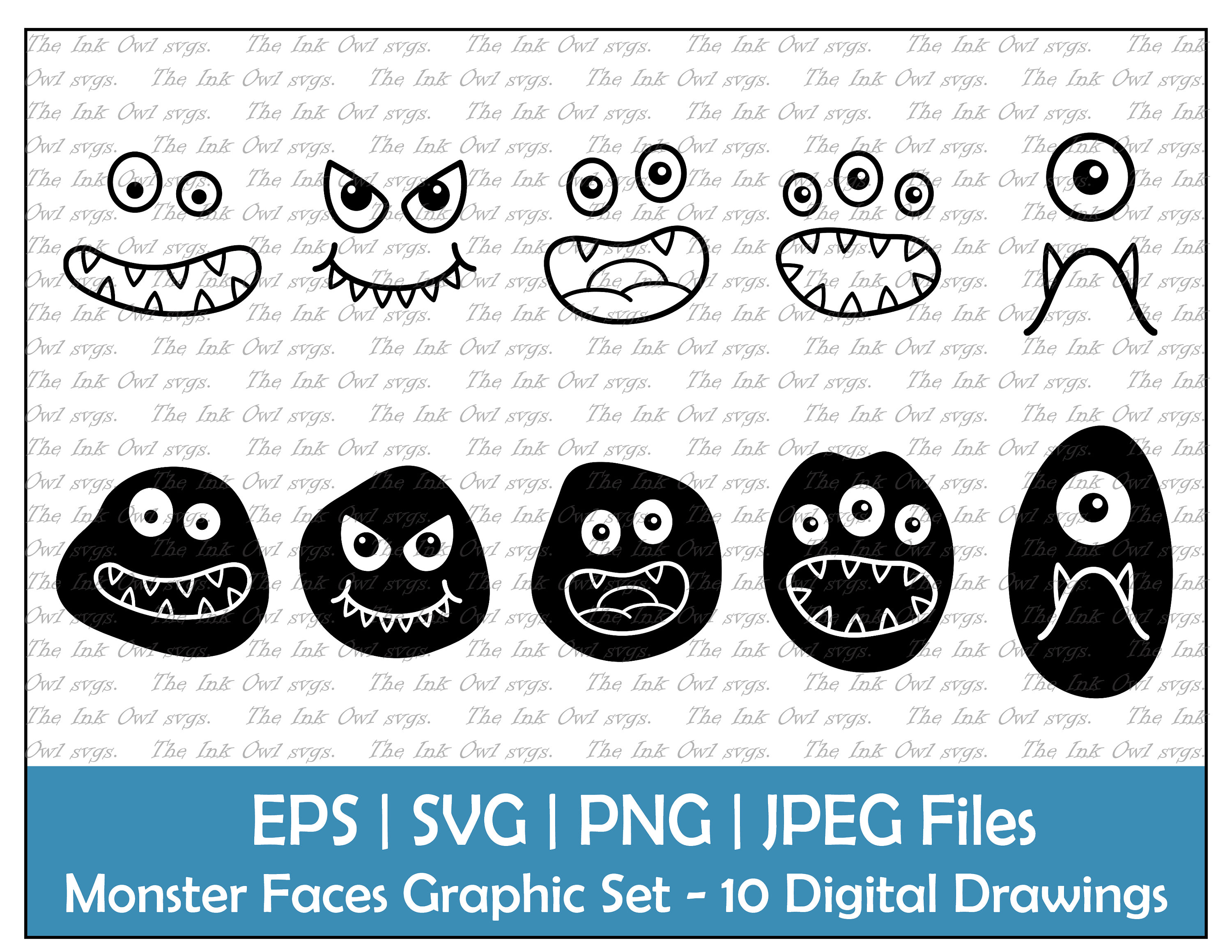 Monster Faces Vector Clipart Set / Outline & Stamp Drawing Graphic ...