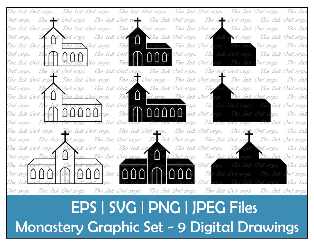 Monastery Convent Vector Clipart Set / Outline & Stamp Drawing Graphic ...