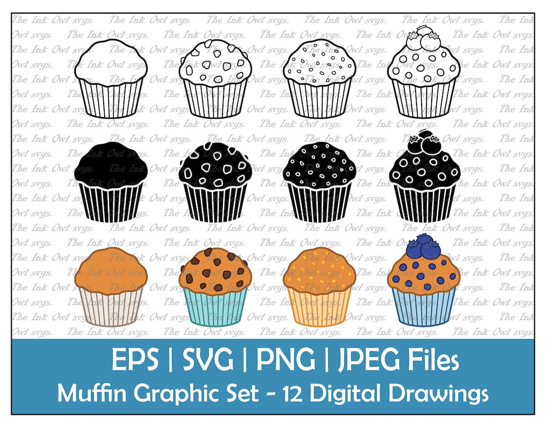 Muffins Vector Clipart Set / Outline, Stamp & Color Graphics / Plain ...