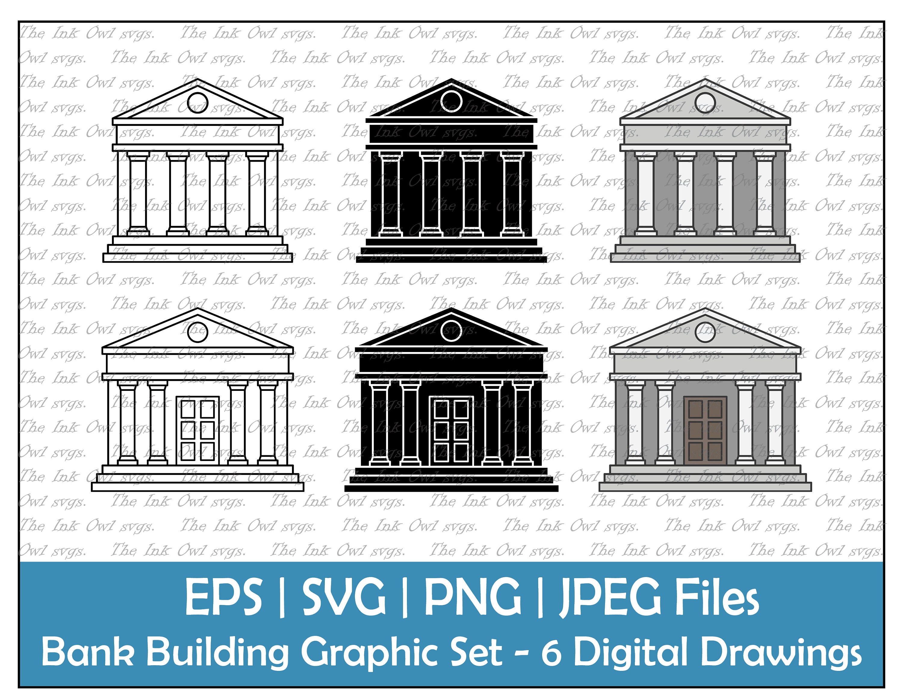 Bank Building Vector Clipart Set / Outline & Stamp Drawing Graphic ...