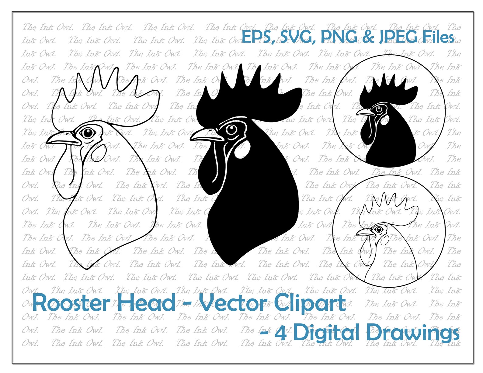Rooster Head Vector Clipart / Outline & Silhouette Digital | Etsy