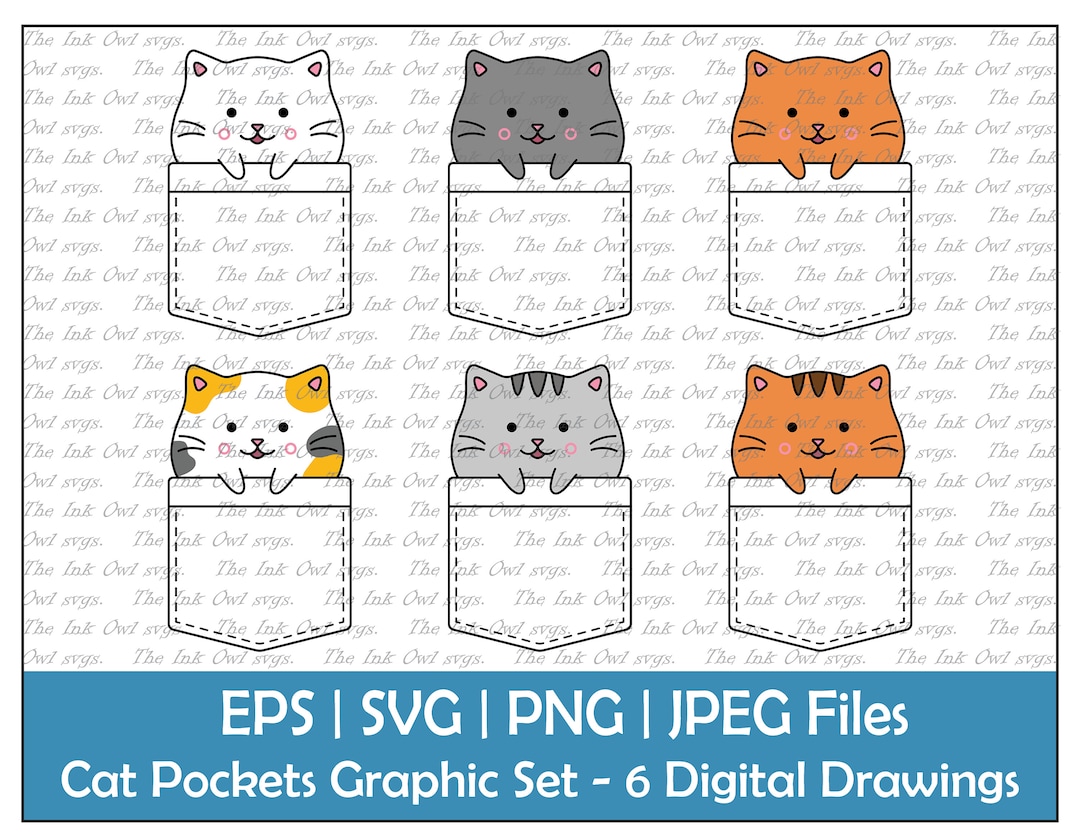 Cat in a Shirt Pocket Vector Clipart Set With Color / Outline & Stamp ...