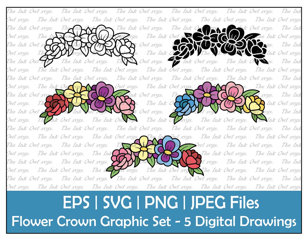 Floral Crown Vector Clipart Set / Outline, Stamp & Color Graphic / Cute ...