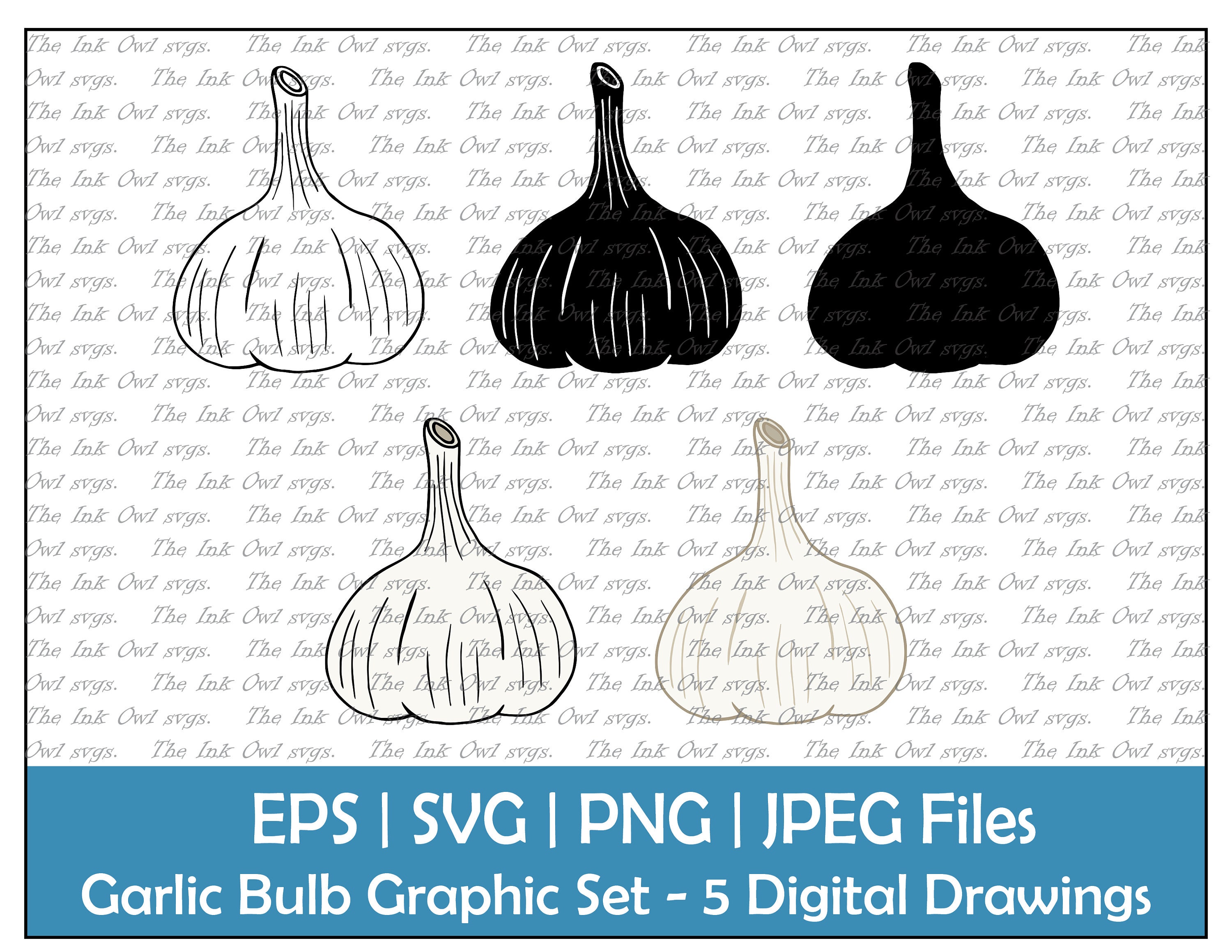 Garlic Bulb Clipart Set / Outline, Silhouette Stamp & Color Graphic ...