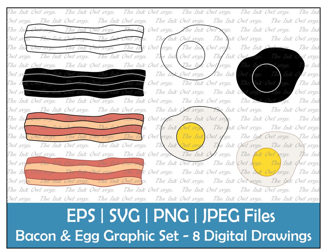 Bacon and Fried Egg Breakfast Clipart Set / Outline, Stamp & Color ...