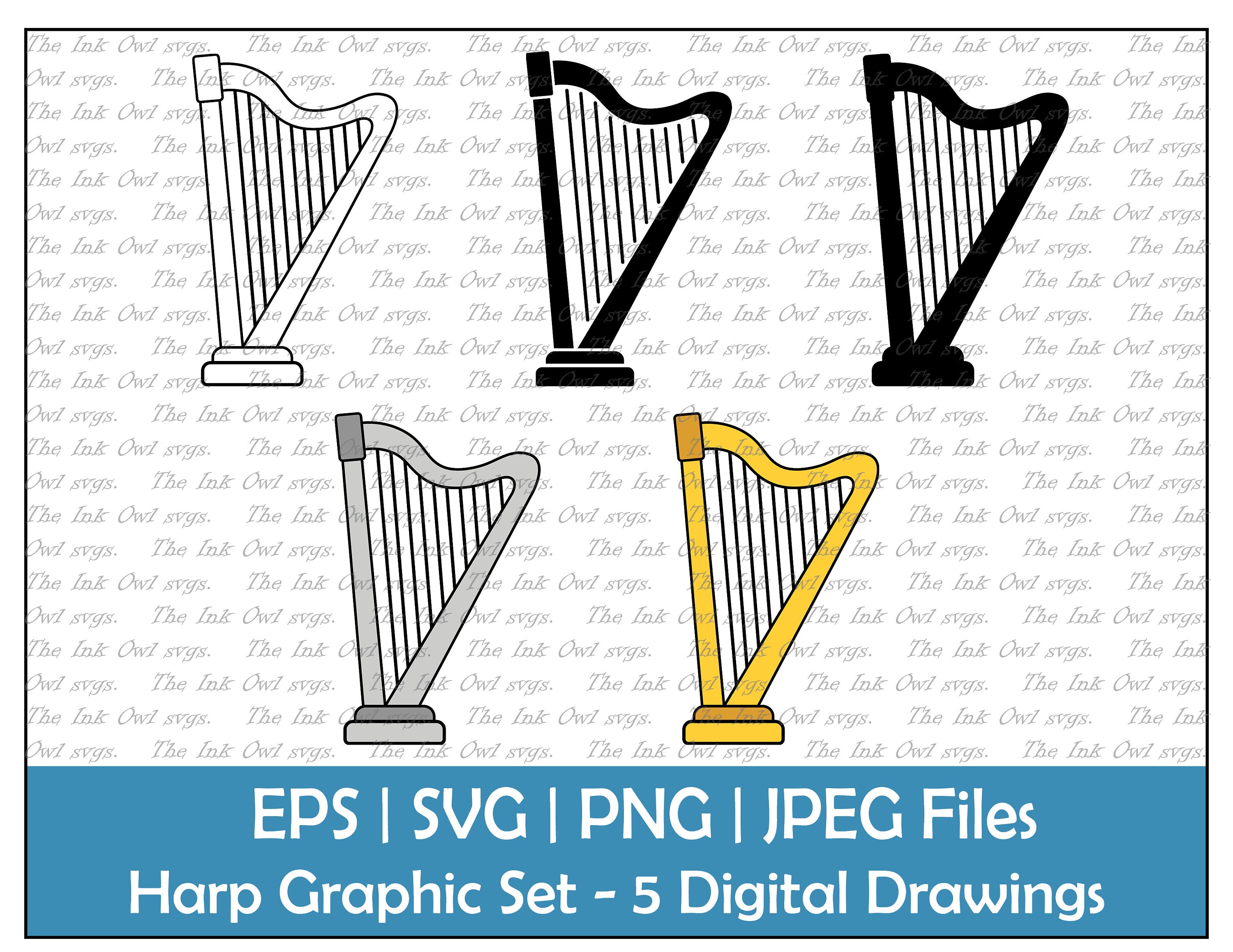 Lever Harp Vector Clipart Set / Outline & Stamp Drawing | Etsy