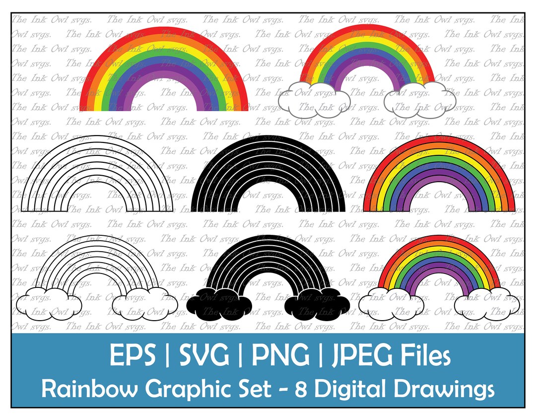 Rainbow and Clouds Vector Clipart / Outline, Stamp & Color Graphics ...