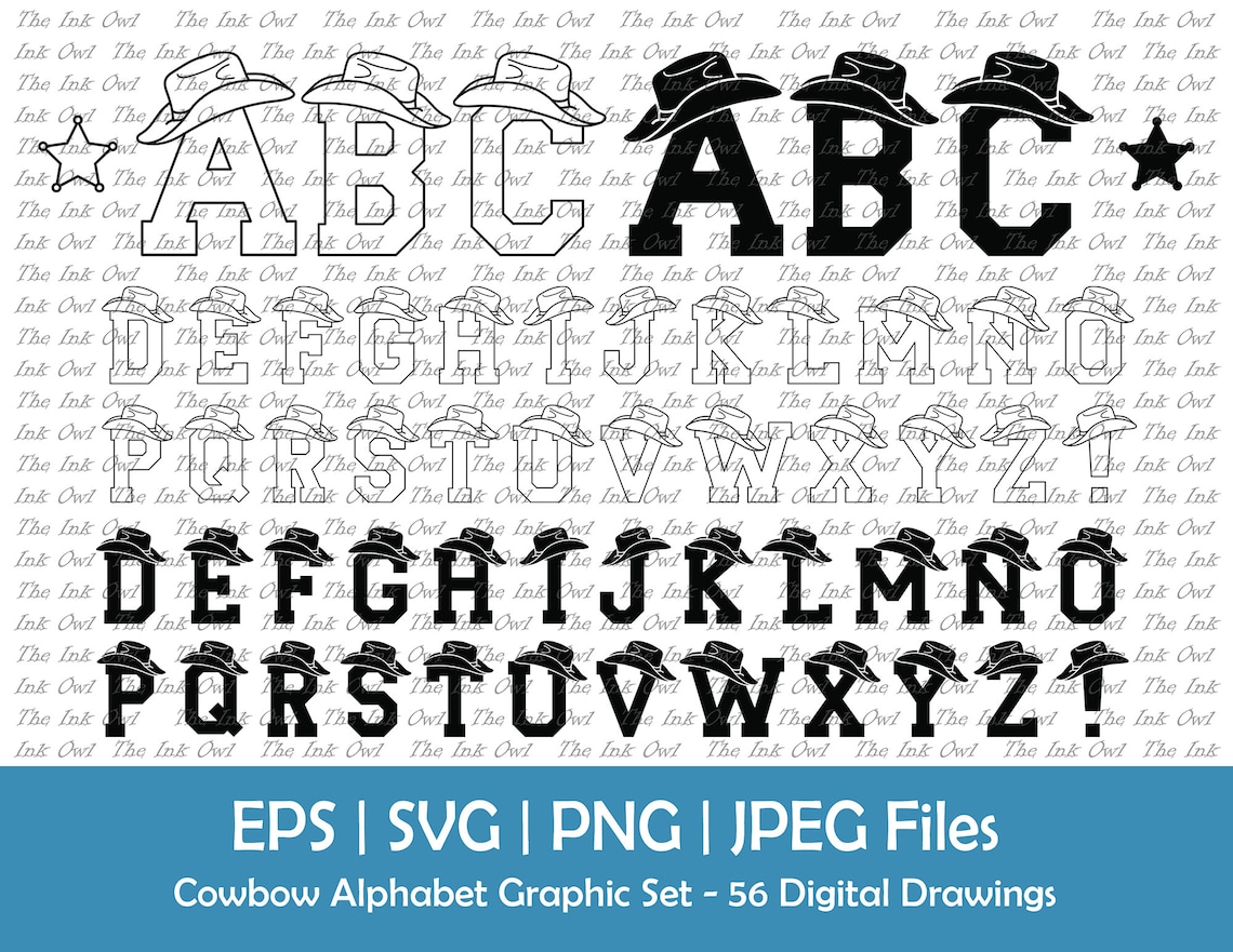 Cowboy Hat Alphabet Letters Vector Clipart / Outline & Silhouette Stamp ...