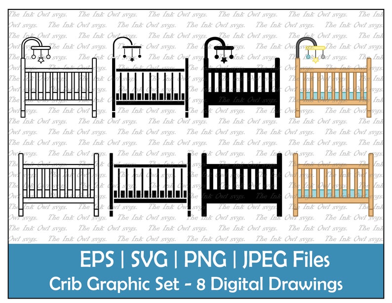 Baby Crib Vector Clipart Set / Outline, Stamp and Color Drawing Graphic ...