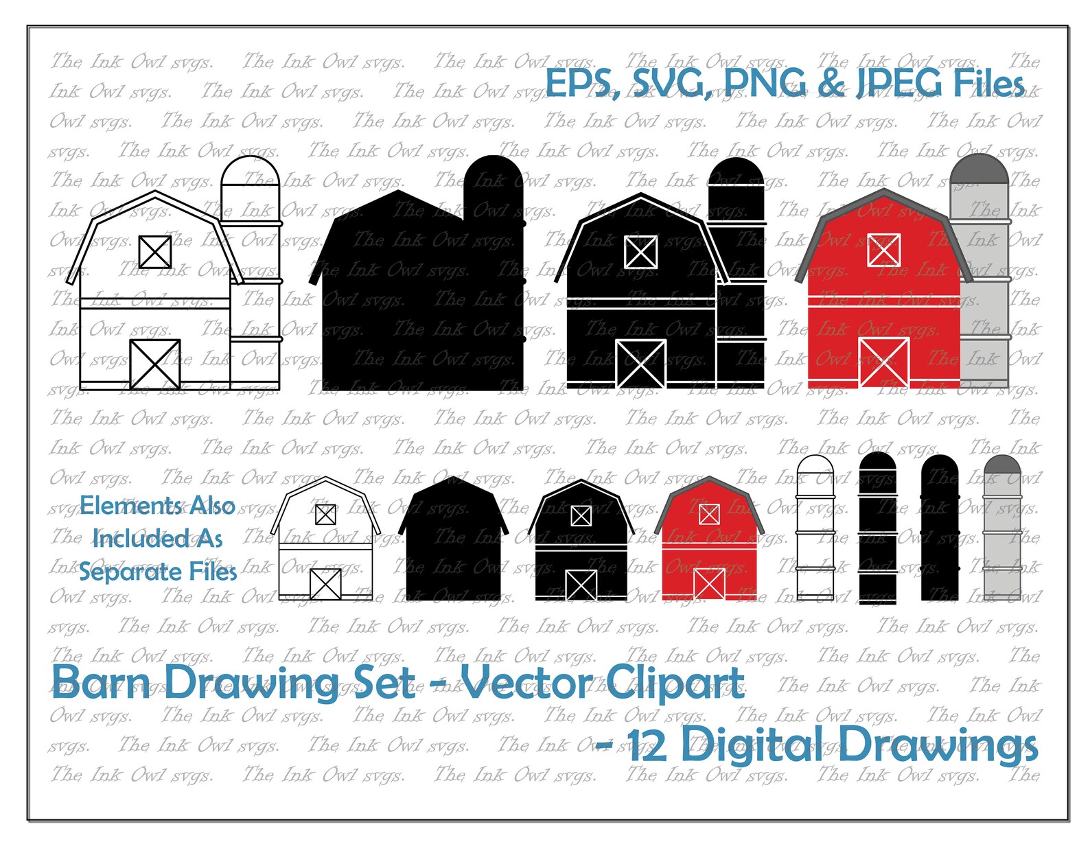 Barn and Grain Silo Drawing Vector Clipart / Outline & Stamp - Etsy