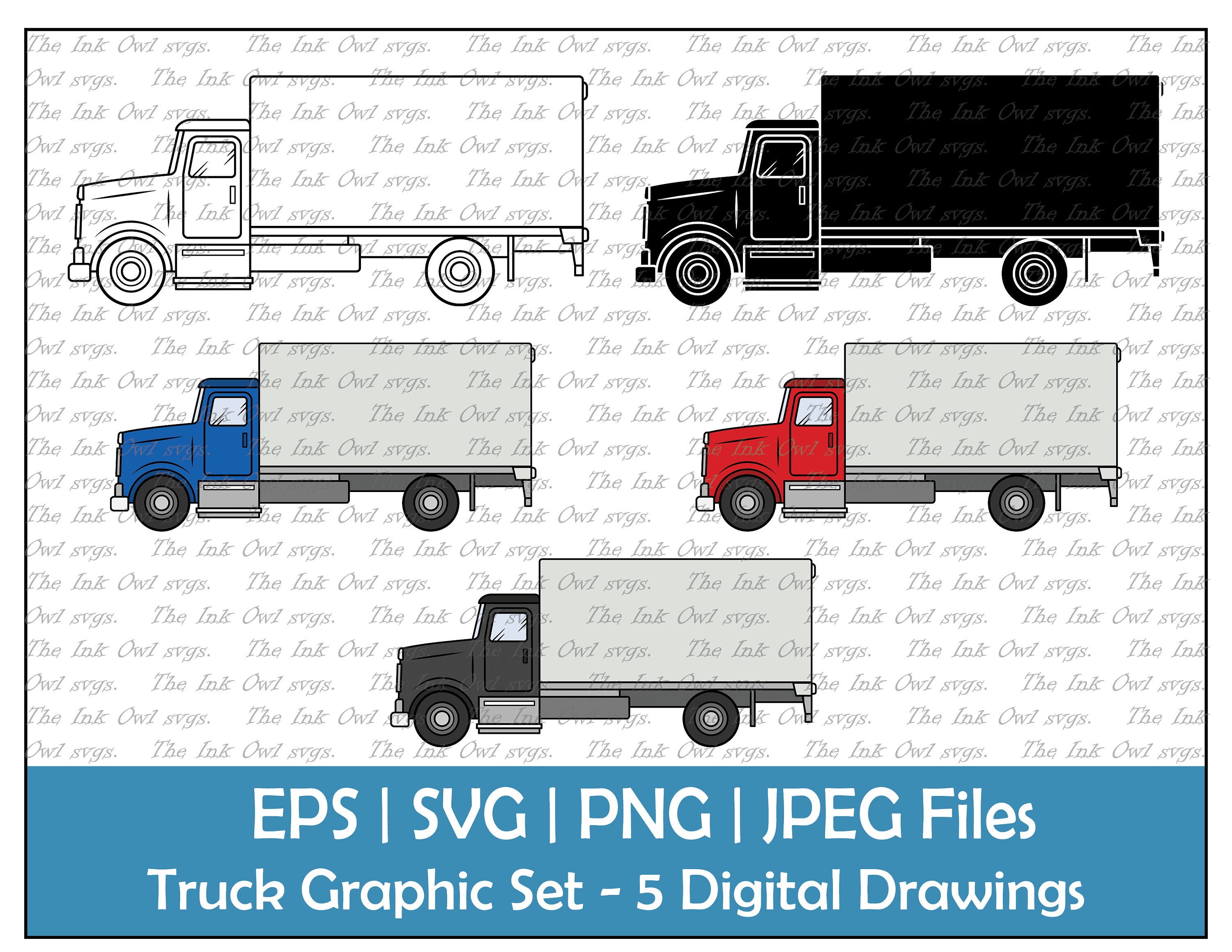 Transport Truck Vector Clipart Set / Outline, Stamp & Color Graphics ...