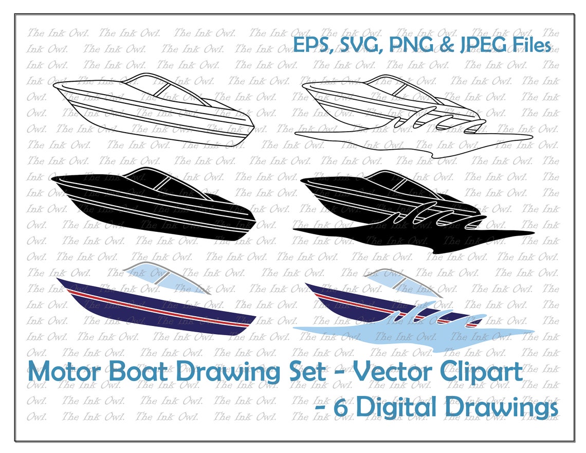 Speeding Motorboat Vector Clipart Set / Outline & Stamp Drawing ...