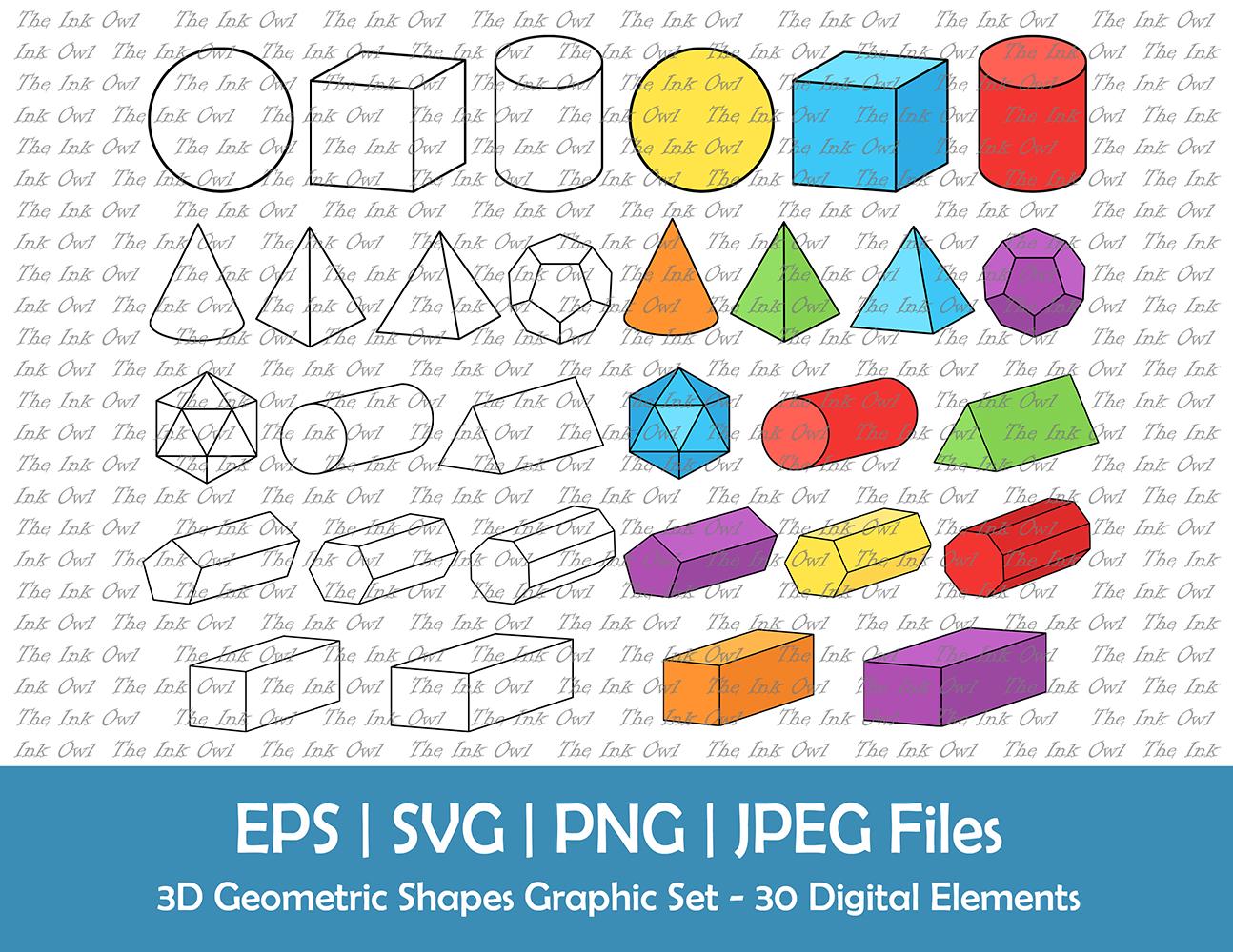 3D Geometric Shape and Forms Clipart / Outline & Color Graphics ...