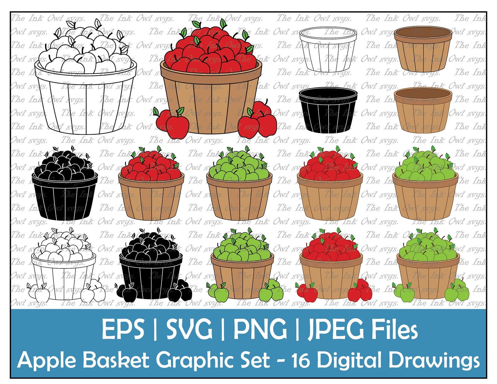 Apple Picking Basket or Bushel Vector Clipart / Outline, Stamp & Color ...