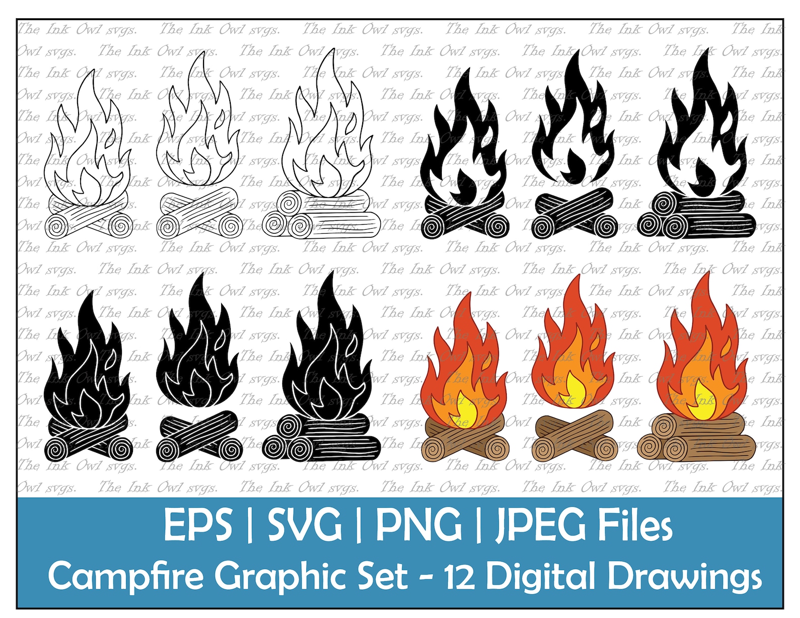 Log Fire Campfire Clipart Set / Outline, Stamp & Color Graphic ...