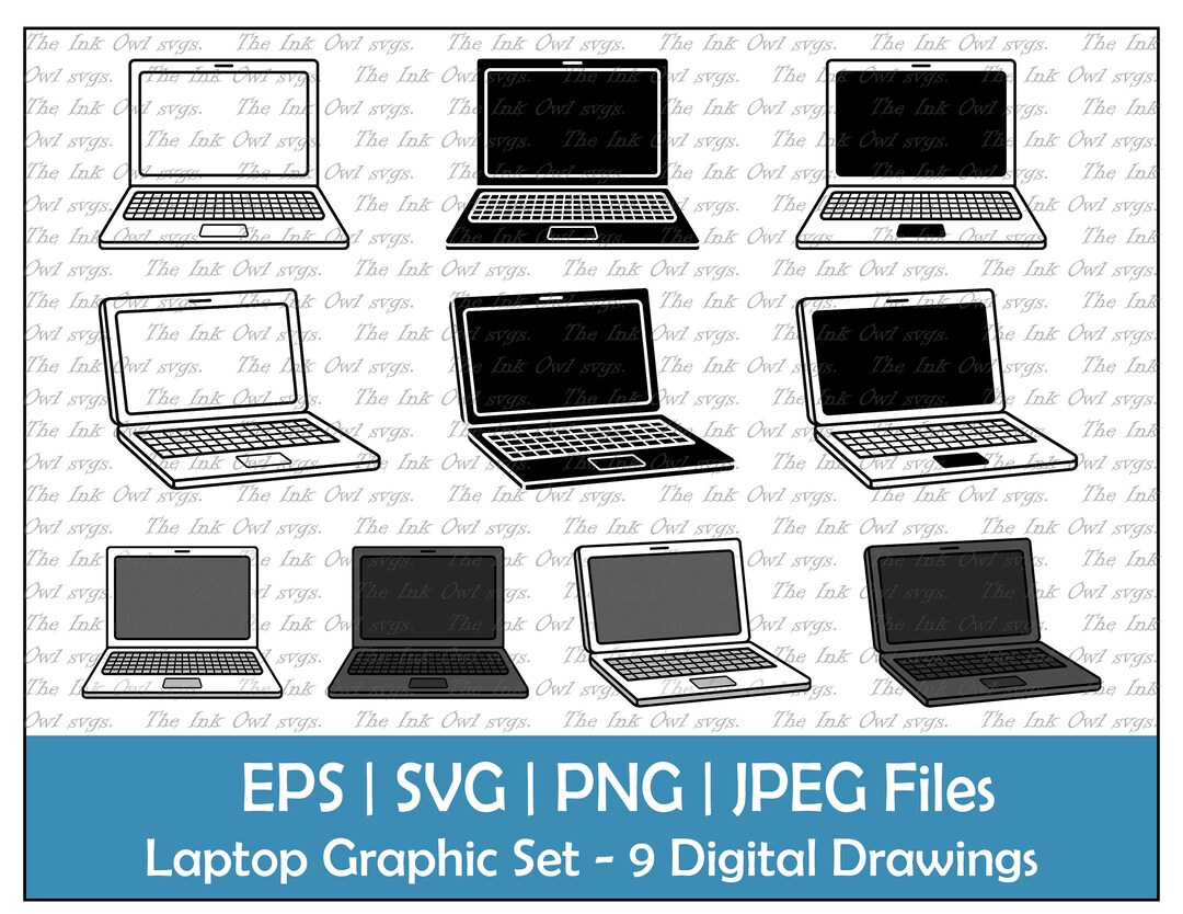 Laptop Computer Vector Clipart Set / Outline, Stamp and Color Graphics ...